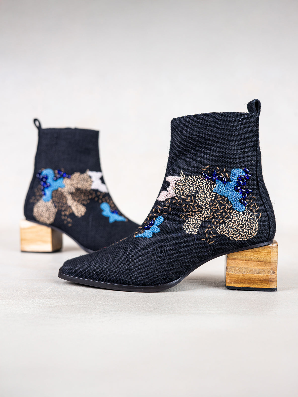 Embroidered Graphite Black Humble Jute & Wooden Block Heel Ankle Boots