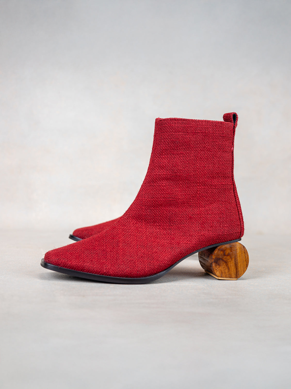Blood Red Humble Jute & Wooden Circular Heel Ankle Boot