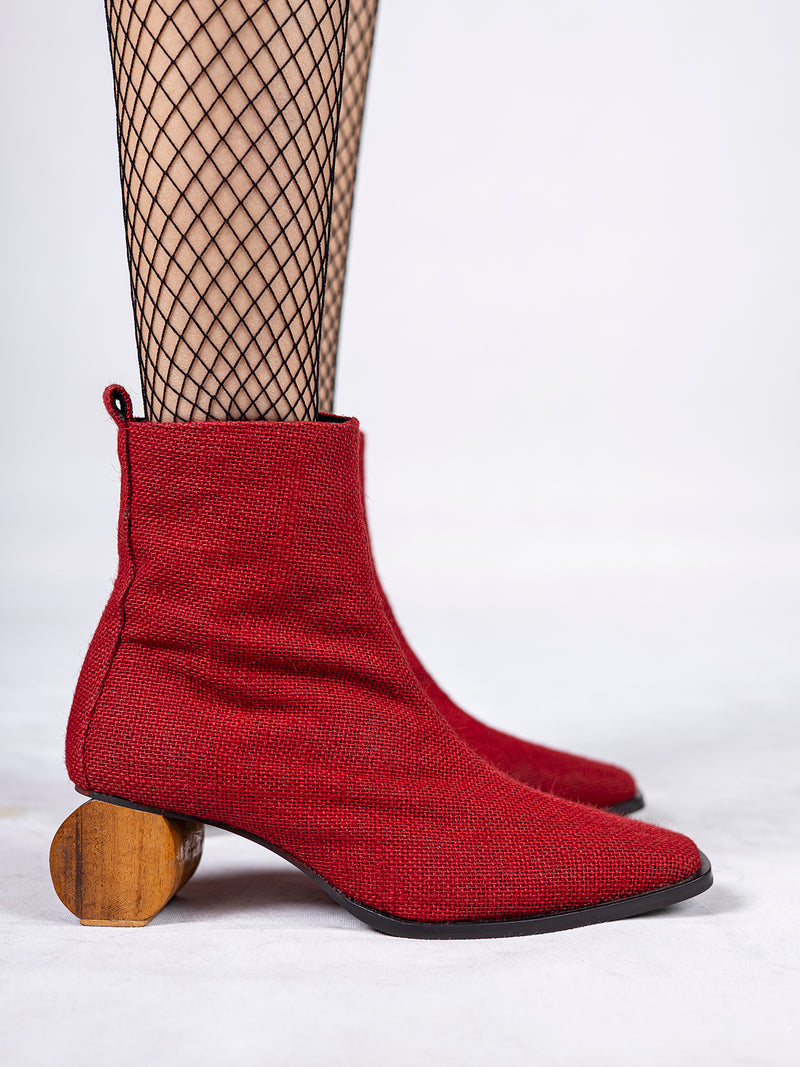 Blood Red Humble Jute & Wooden Circular Heel Ankle Boot