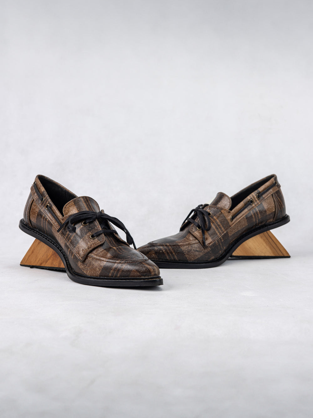 Brown Plaid Plant Leather & Wooden Bridge Heel Boat Shoes