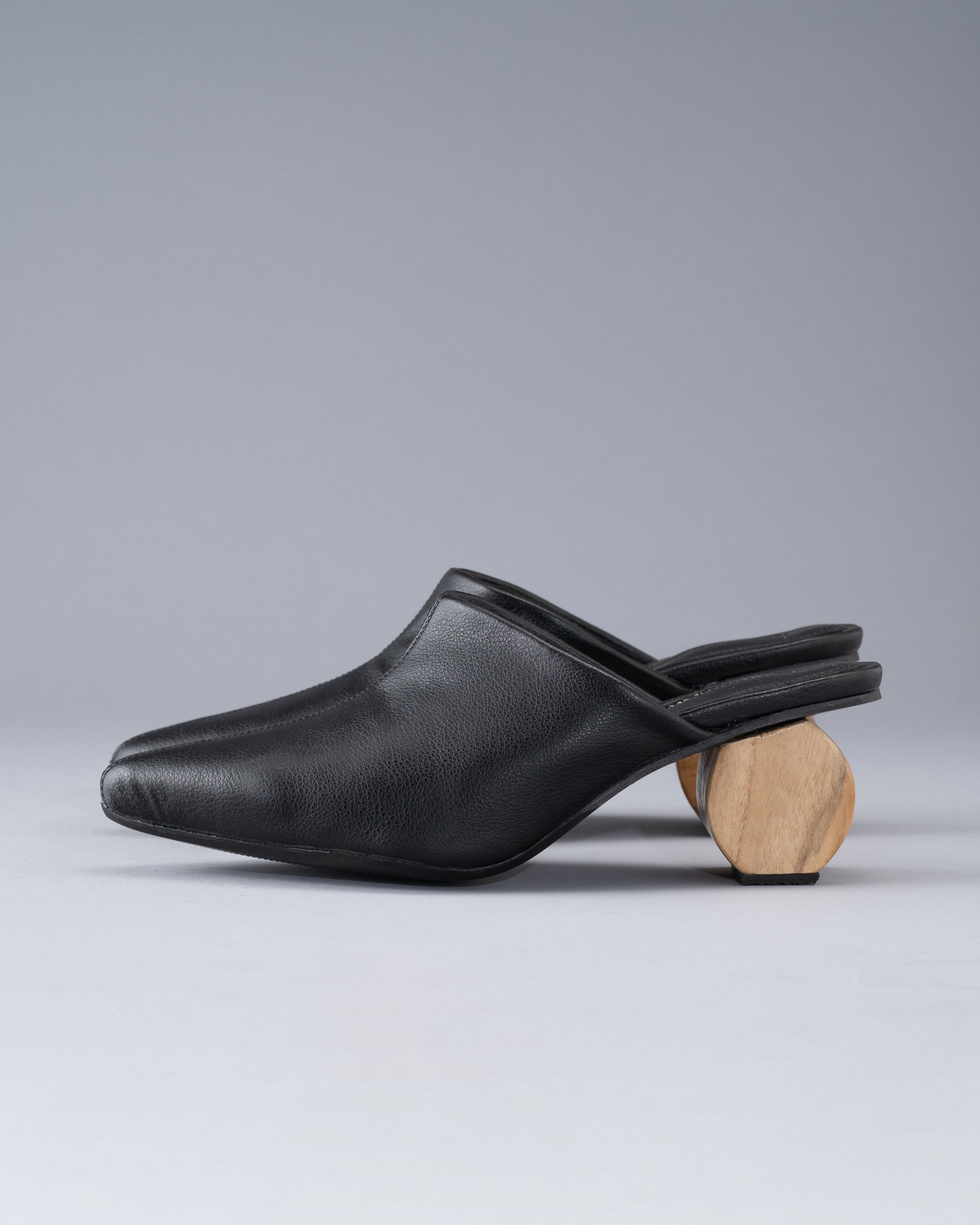 Black Mule with Circular Wood Heel